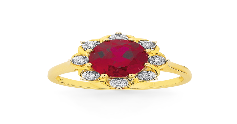 9ct, Created Ruby & Diamond Oval Flower Ring in Red | Goldmark (NZ)