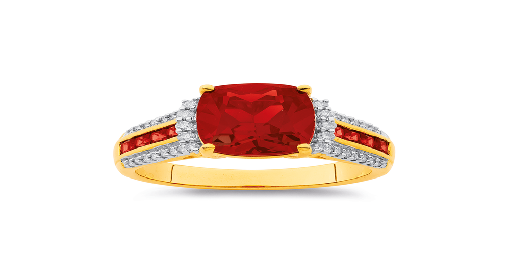 9ct Created Ruby With Diamond Ring Tdw=.25ct in Red | Goldmark (NZ)