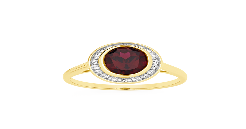 9ct Gold Created Ruby & Diamond Oval Cut Ring in Red | Goldmark (NZ)