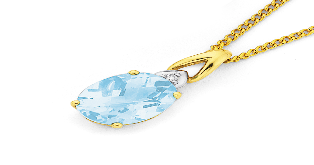 9ct, Sky Blue Topaz & Diamond Oval Cut Chequered Pendant | Goldmark (NZ)