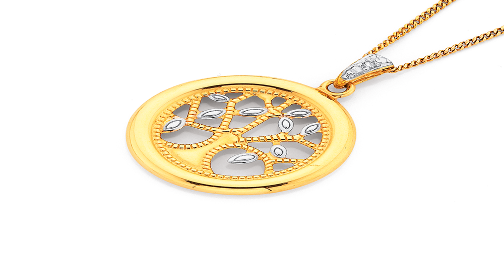 9ct Two Tone, Diamond Bail Tree Of Life Circle Pendant | Goldmark (NZ)