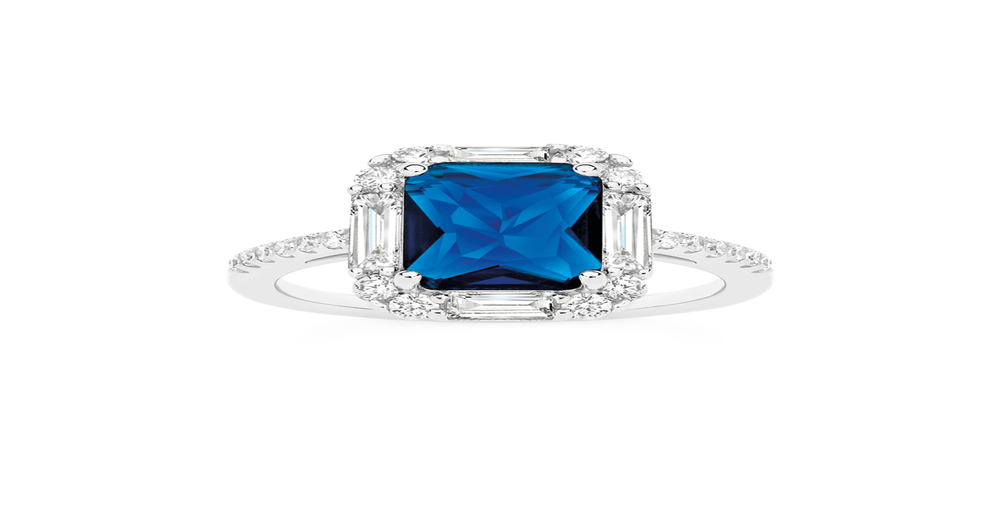Silver Square Blue Glass & Frame Ring in Blue | Goldmark (NZ)